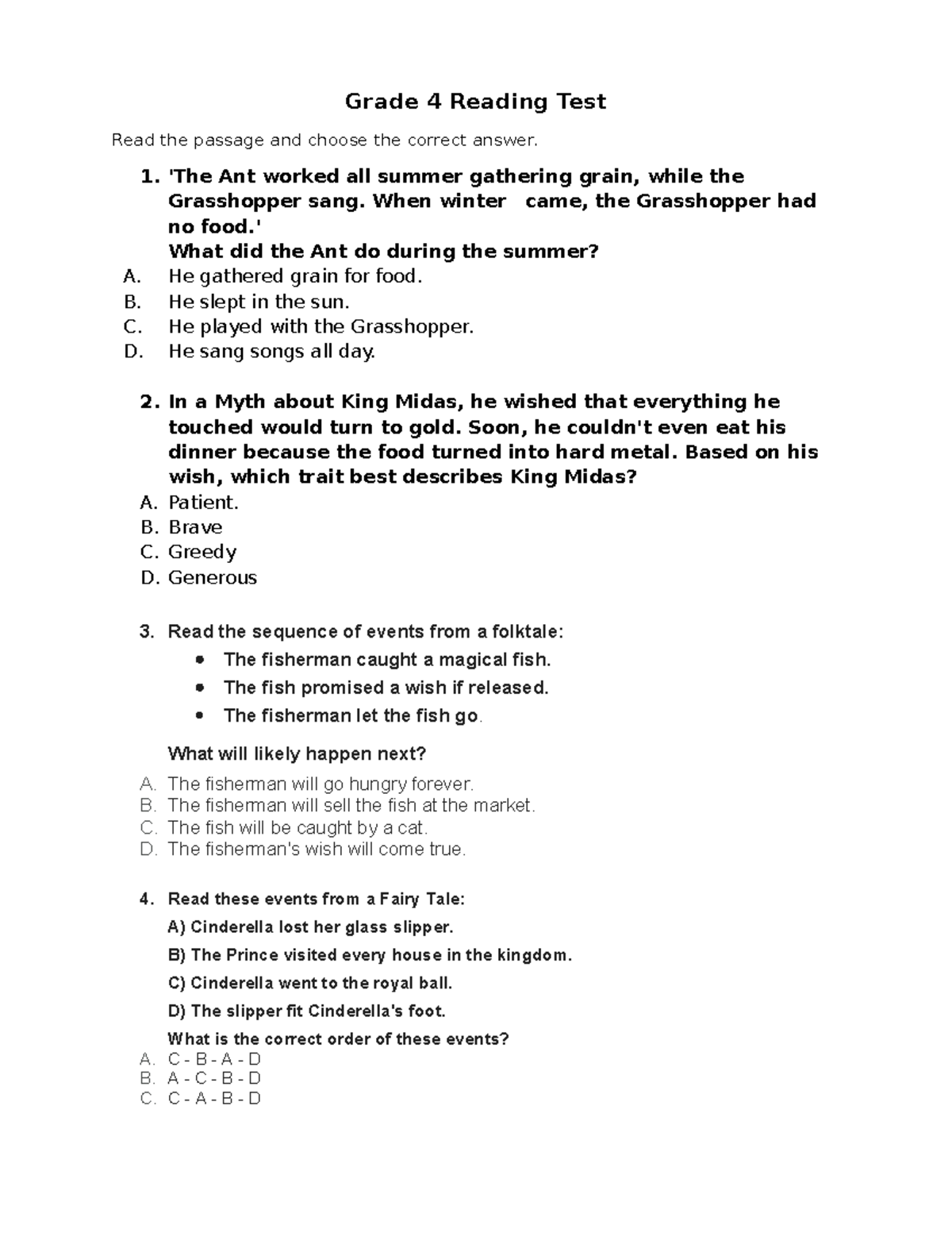 Grade 4 Reading Test: Comprehension Questions and Answers - Studocu