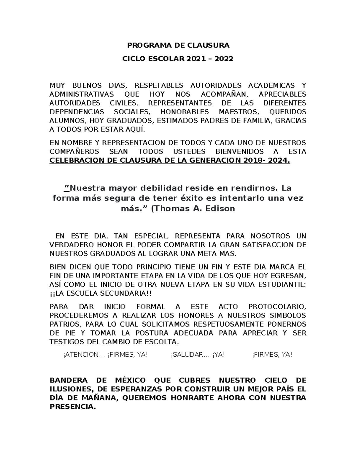 Ceremonia de Clausura 2022: Generación 2018-2024 - Studocu