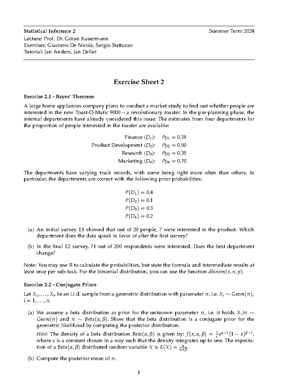 Statistical Inference 2 - Summer Term 2024 Exercise Sheet 2 - Studocu