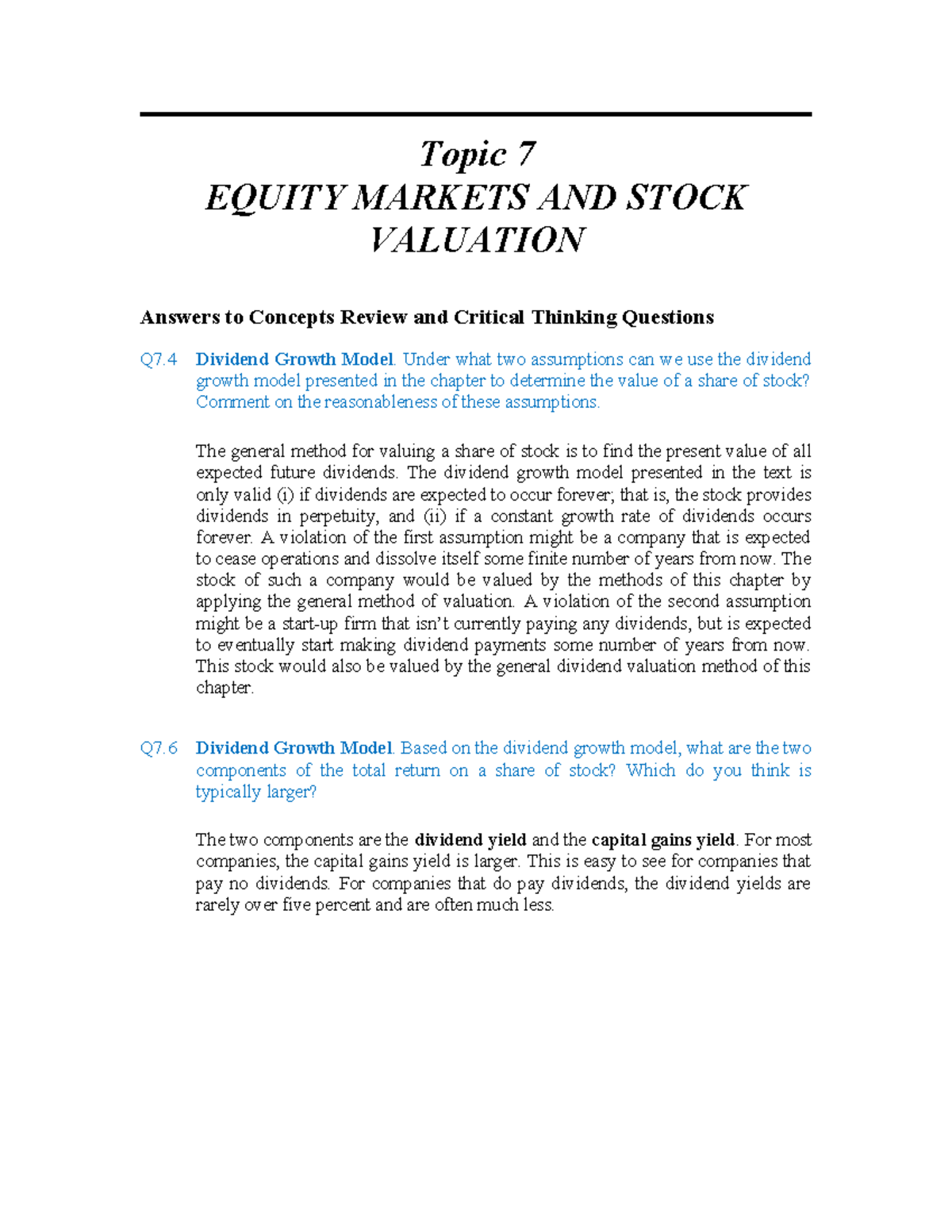 Topic 7 - Equity Markets and Stock Valuation - Topic 7 EQUITY MARKETS ...