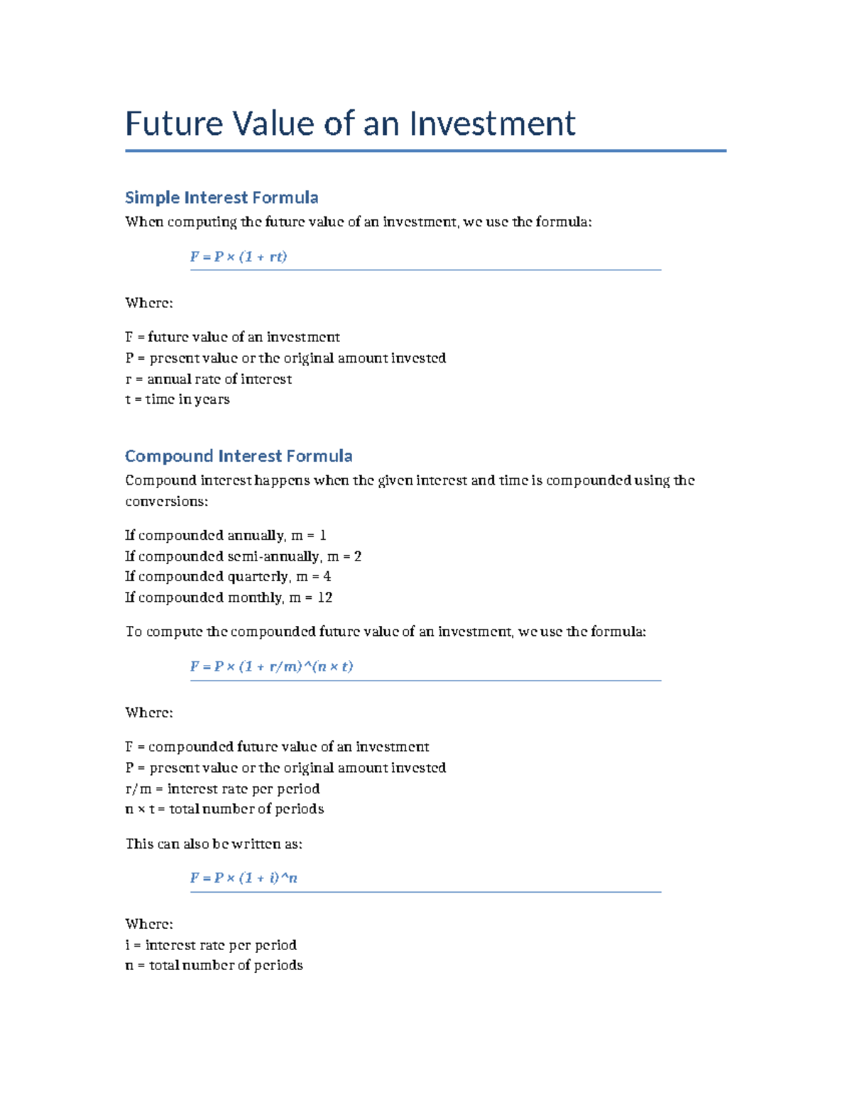 Future Value of Investment: Simple & Compound Interest Formulas - Studocu