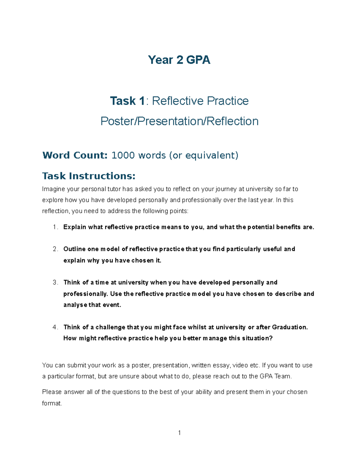 Gpa task 1 with answer - Hjhhhjh - Year 2 GPA Task 1: Reflective ...