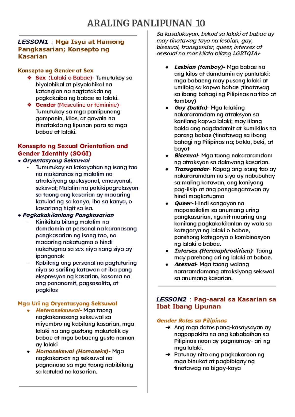 ARALING PANLIPUNAN_10 LESSON 1 & 2: Gender Issues and Roles in Society ...