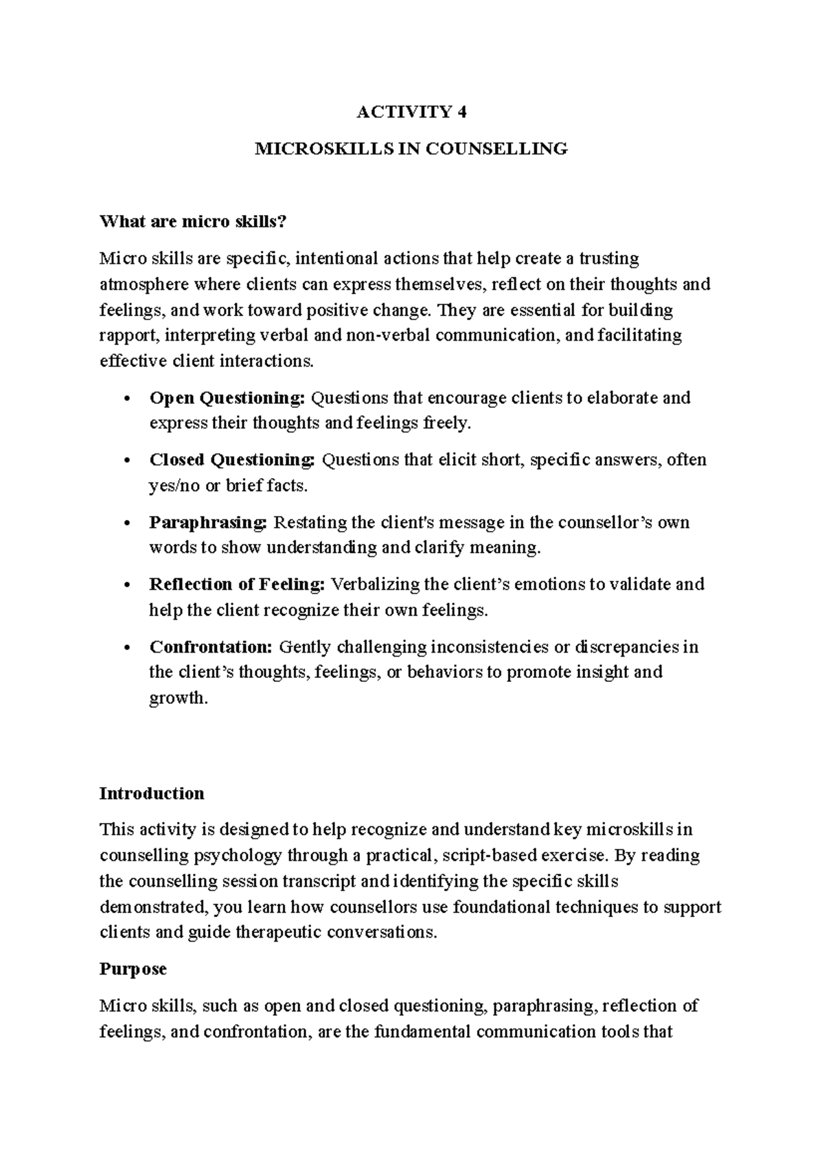 ACTIVITY 4: Understanding Microskills in Counselling Techniques - Studocu
