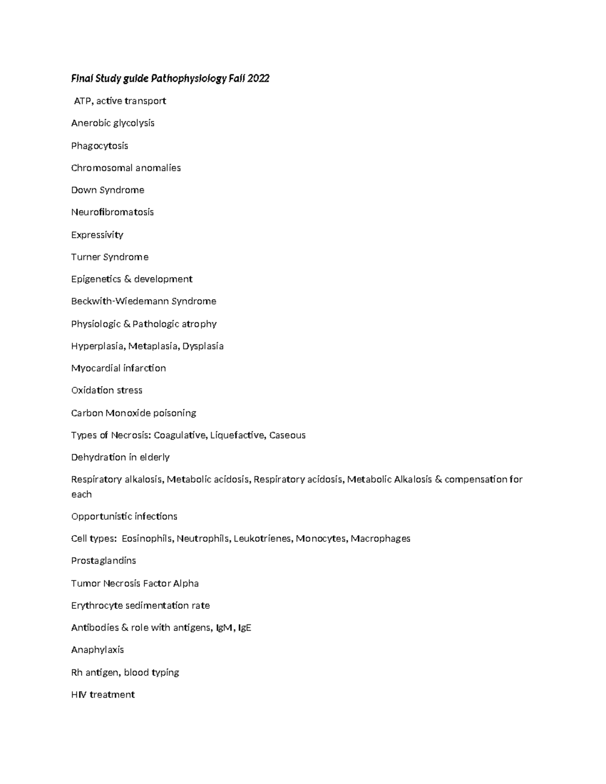 Final Study Guide: Pathophysiology ATP, Transport, and Disease Concepts ...