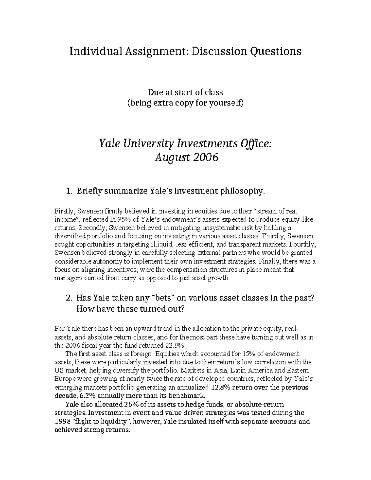 Yale University Investments Office: Discussion Questions Analysis - Studocu