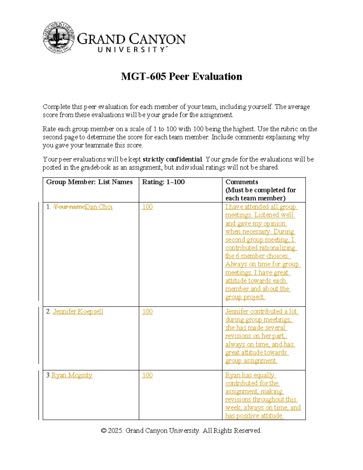 MGT 605 RC Peer Evaluation Form for Team Members and Self-Assessment ...