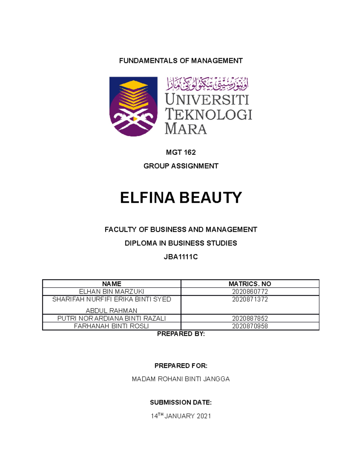 MGT 162 Group Assignment: Analysis of ELFINA Beauty Management ...