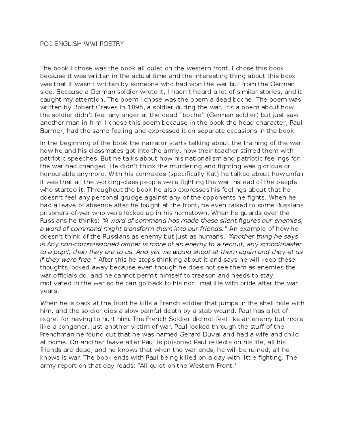 PO1 ENGLISH WWI POETRY: Analysis of "All Quiet on the Western Front ...