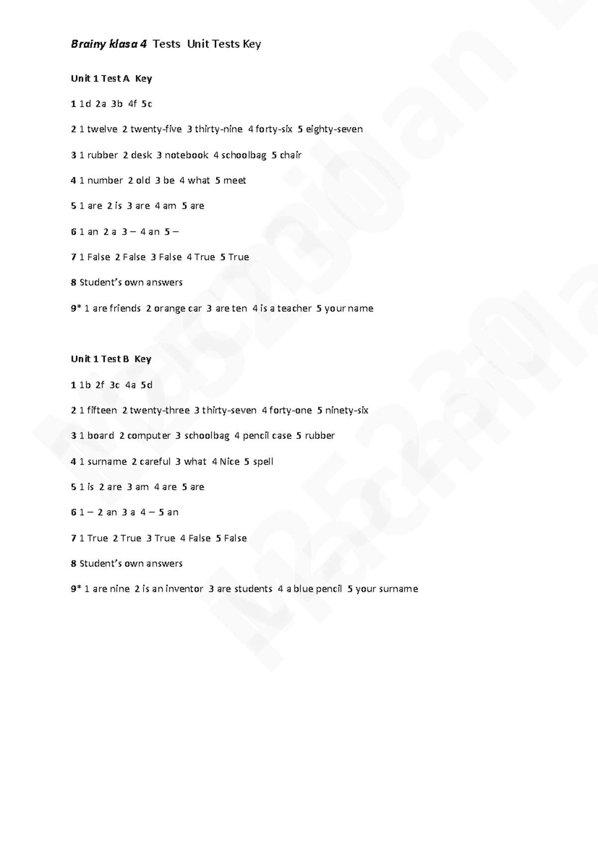 Brainy KL4 Unit Tests Answer Key for Units 1 to 8 - Studocu