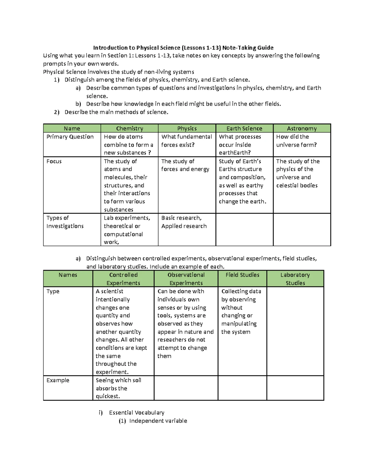 C165 Notes - Introduction to Physical Science (Lessons 1-13) Note ...