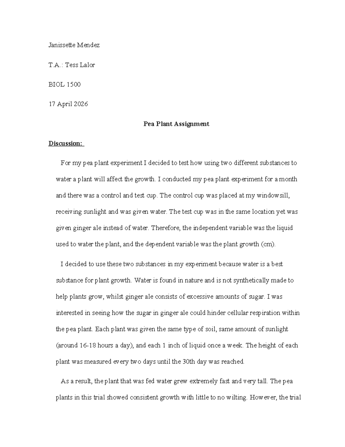 Pea Plant Growth Experiment: Water vs. Ginger Ale (BIOL 1500) - Studocu