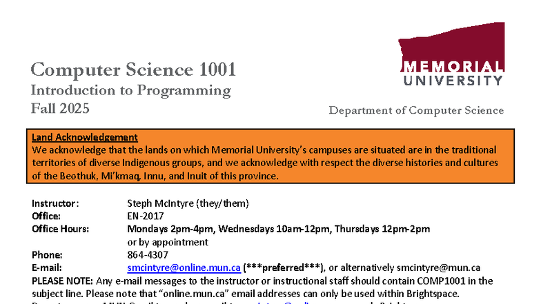 COMP1001-F25: Introduction to Programming Syllabus and Course Info ...