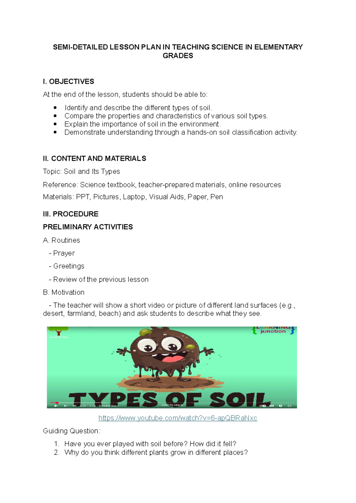 LESSON PLAN: TEACHING SOIL TYPES IN ELEMENTARY SCIENCE - Studocu