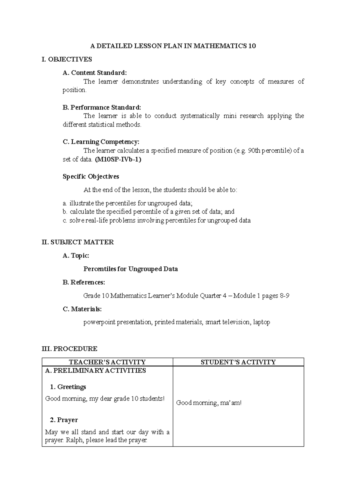 Grade 10 final - Math lesson plan - A DETAILED LESSON PLAN IN ...