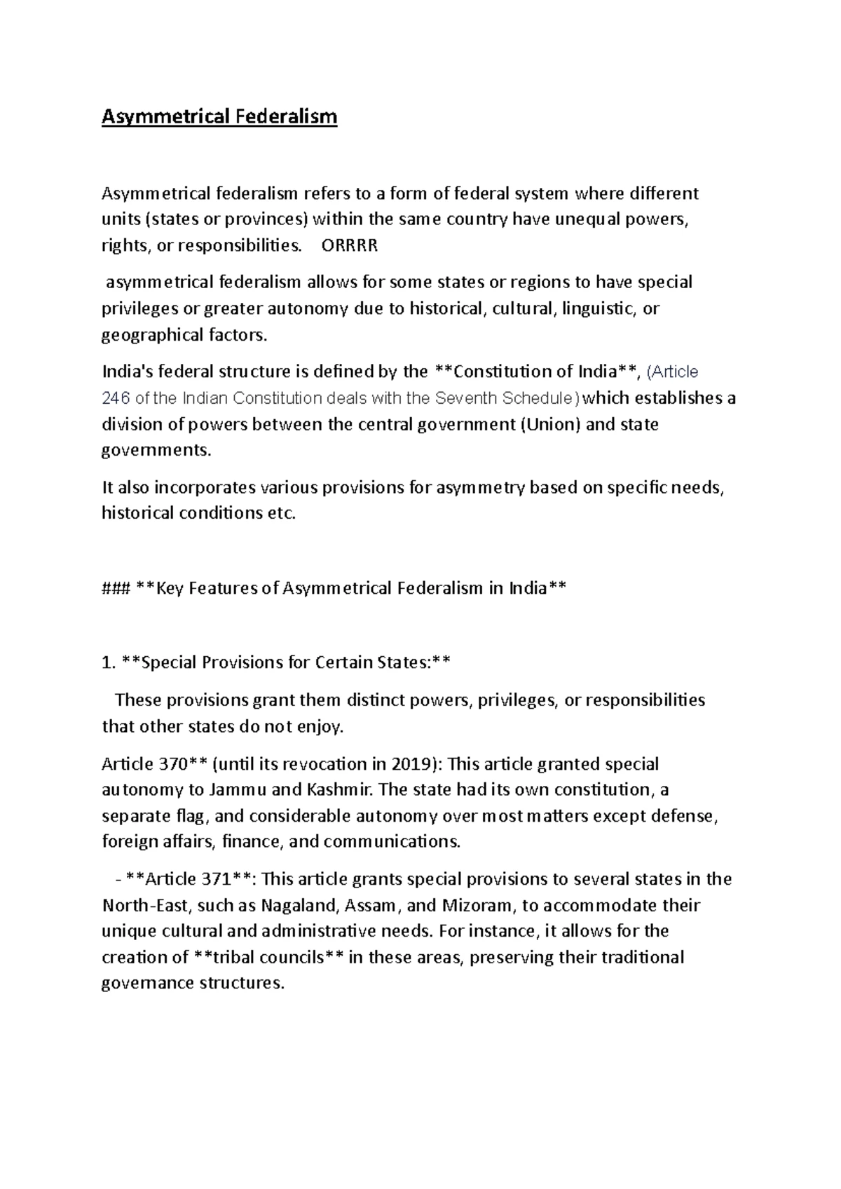 Asymmetrical Federalism in India: Key Features and Challenges (CIVI 101 ...