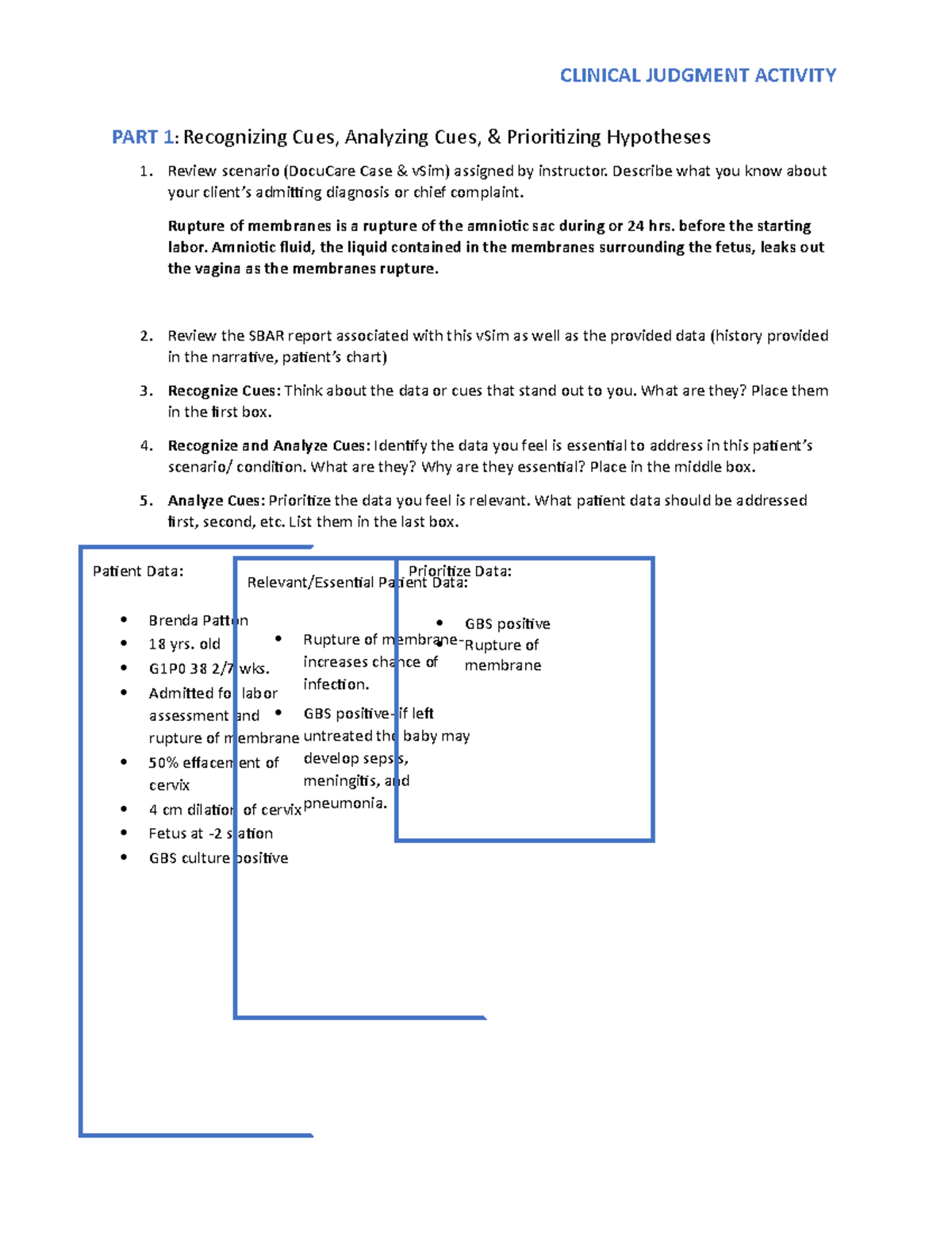 Clinical Judgment Worksheet for Nursing (NURS 101) - Brenda Patton ...