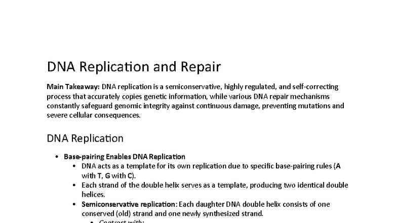 DNA Replication and Repair: Key Concepts and Mechanisms - Studocu