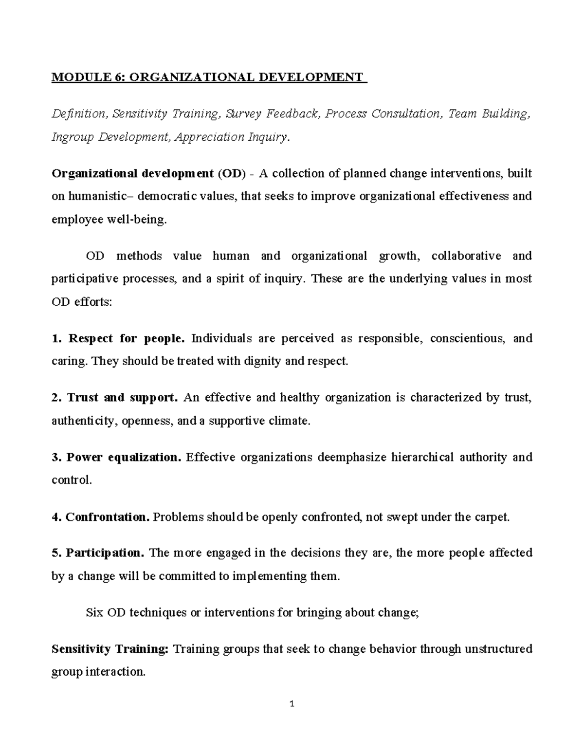 MODULE 6: ORGANIZATIONAL DEVELOPMENT Techniques and Interventions - Studocu