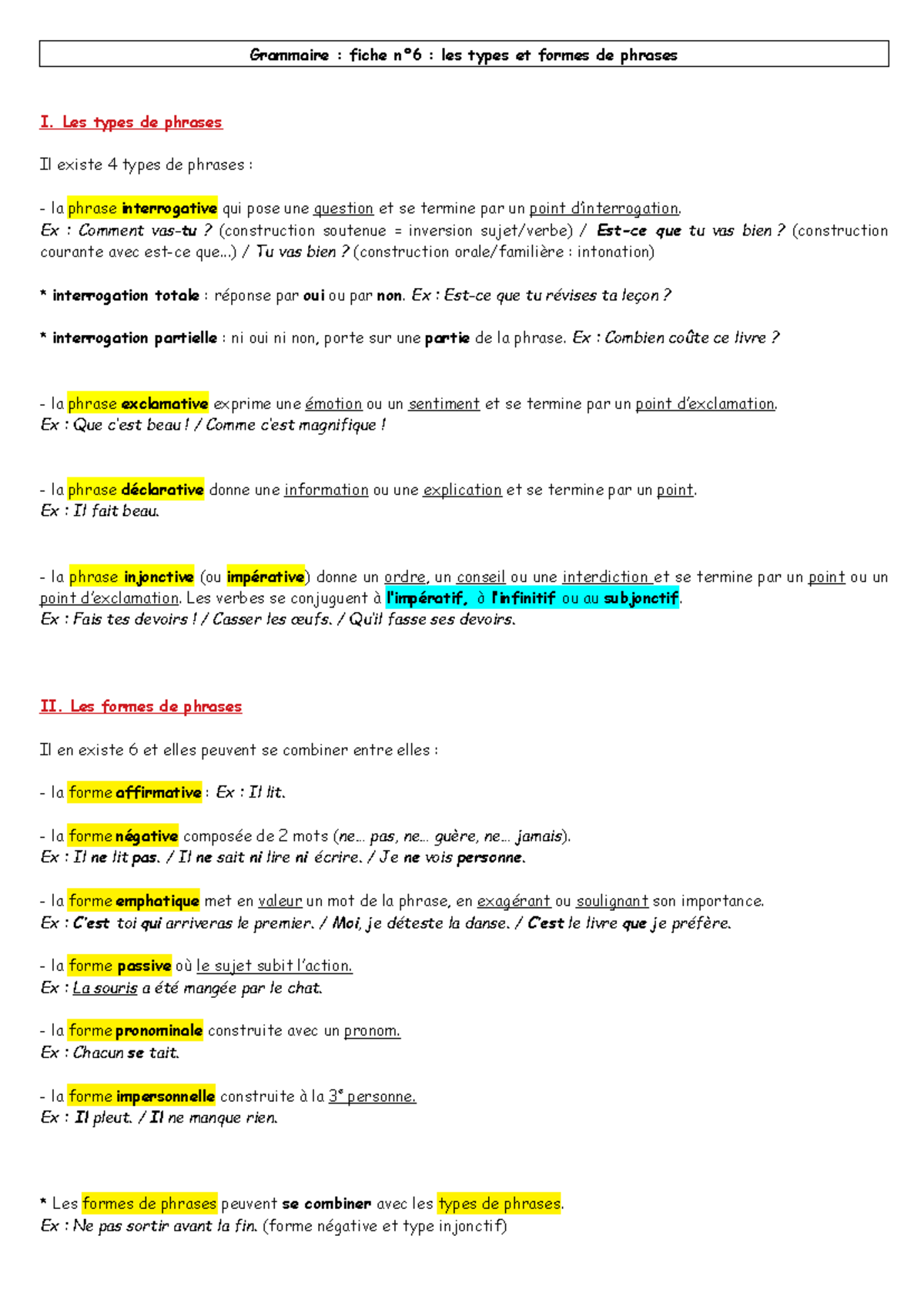 Grammaire : Types et Formes de Phrases - Fiche de Révision - Studocu