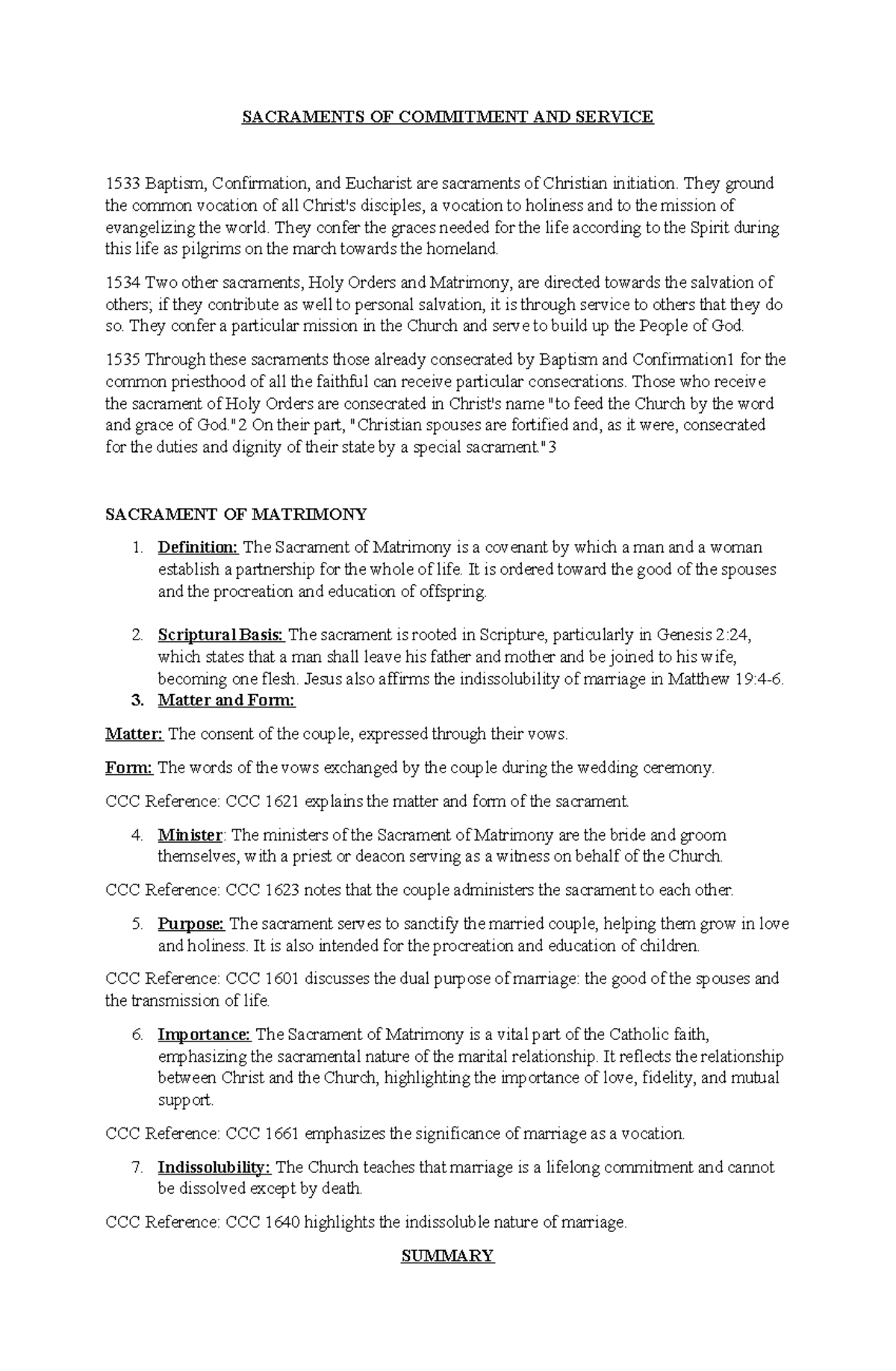 SACRAMENTS OF COMMITMENT AND SERVICE: Matrimony & Holy Orders - Studocu