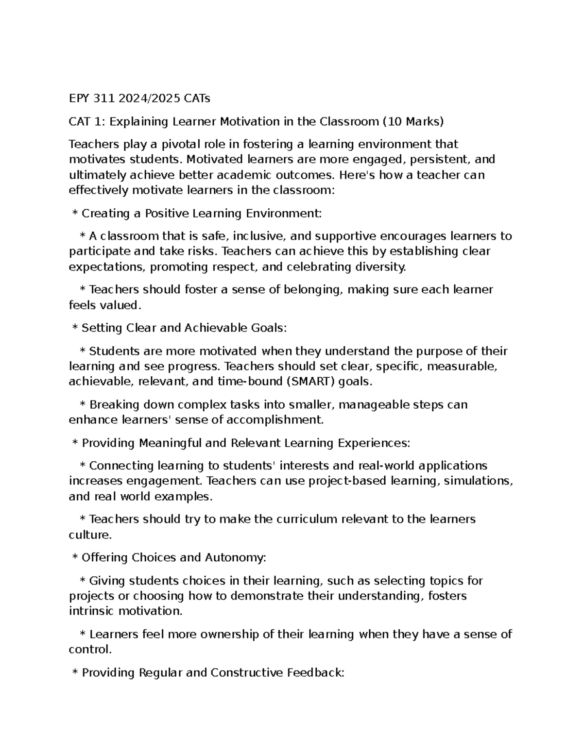 EPY 311 CATs Summary: Motivating Learners & Addressing Behavior Issues - Studocu