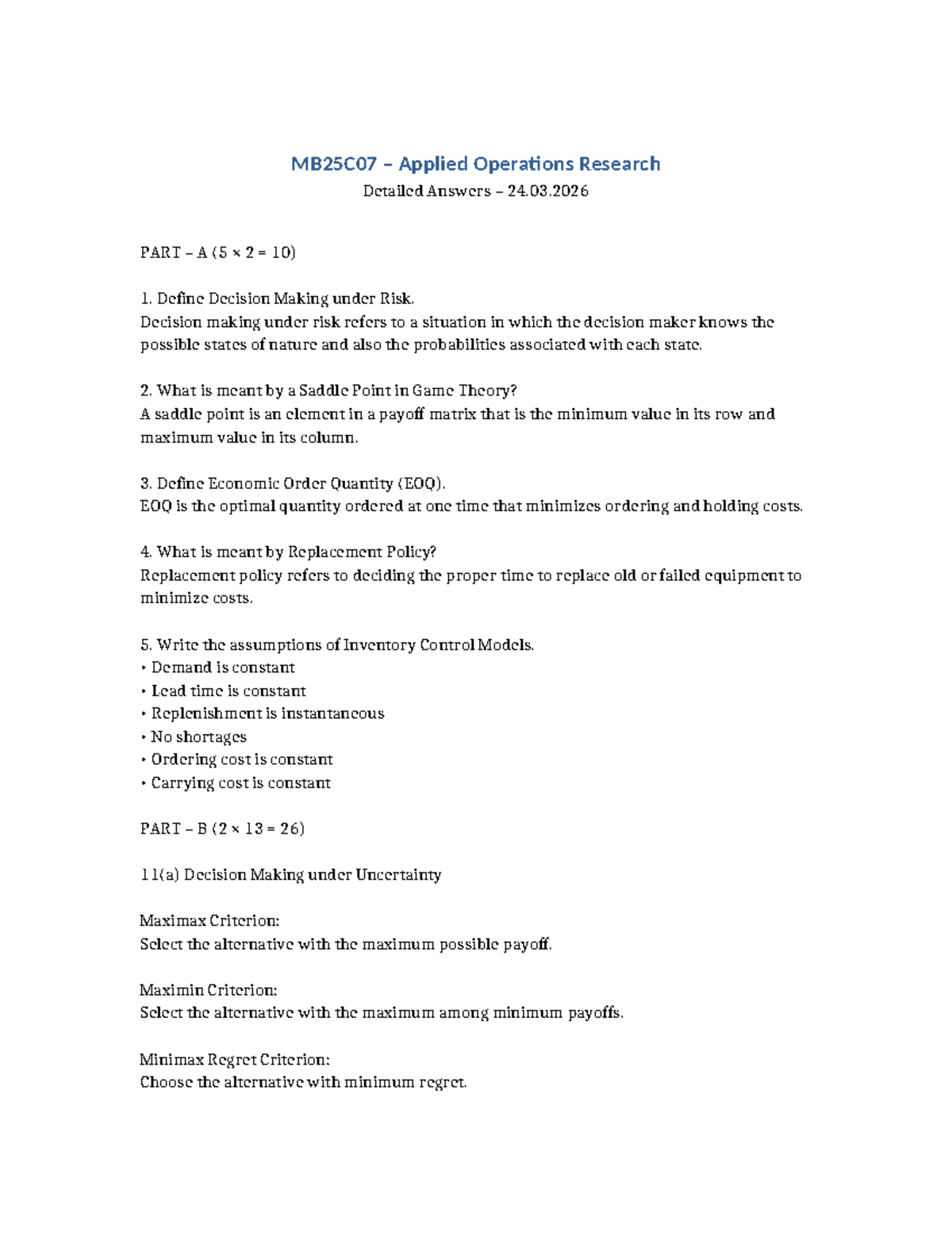 MB25C07 Applied Operations Research: Detailed Answers & Concepts - Studocu