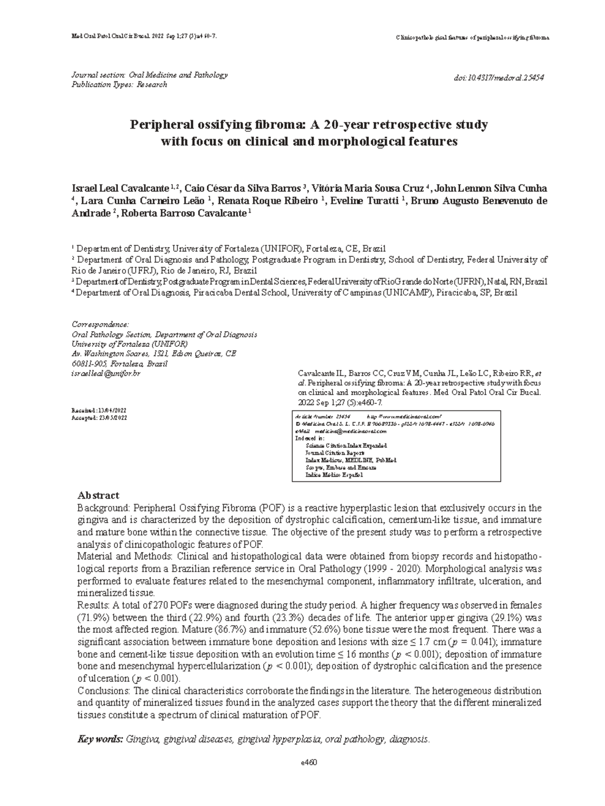 Peripheral Ossifying Fibroma: A Retrospective Study on Clinical ...