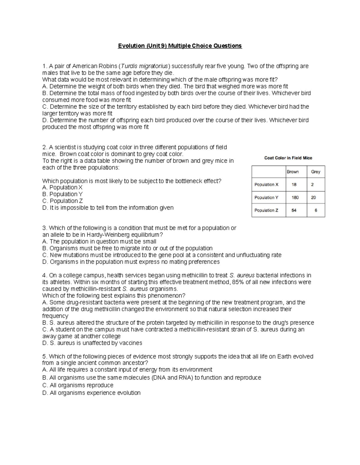 Evolution Unit 9 Multiple Choice Questions - Take Home Exam 2017-2018 ...