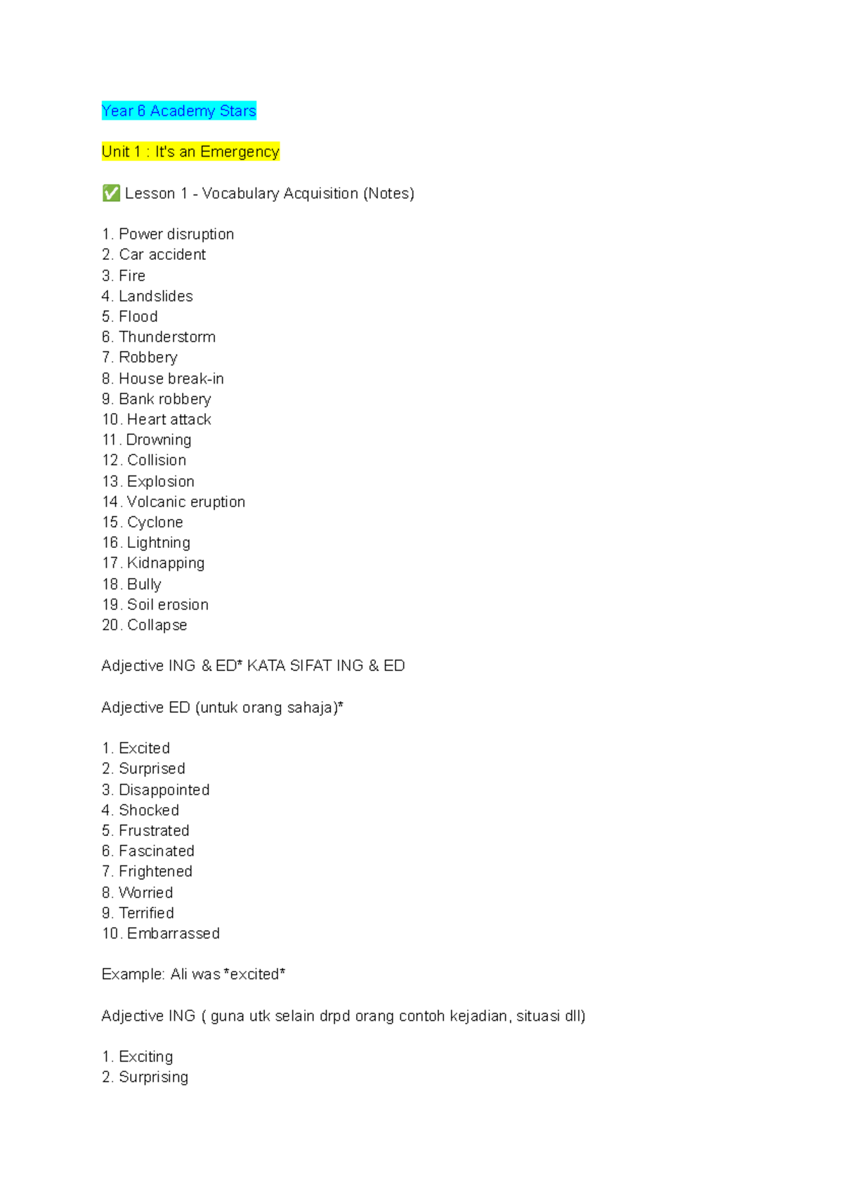 Academy Stars YEAR 6 UNIT 1-5 Vocabulary & Grammar Notes - Studocu