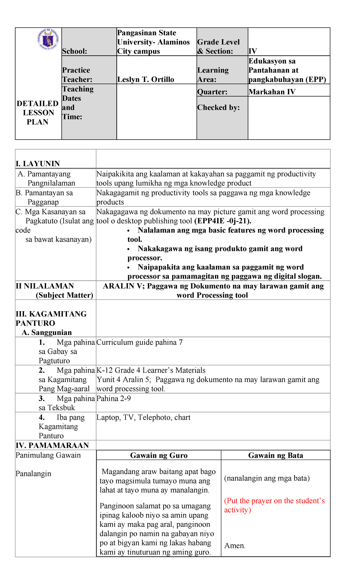 Lesson Plan for EPP IV - Teacher Leslyn T. Ortillo - Studocu
