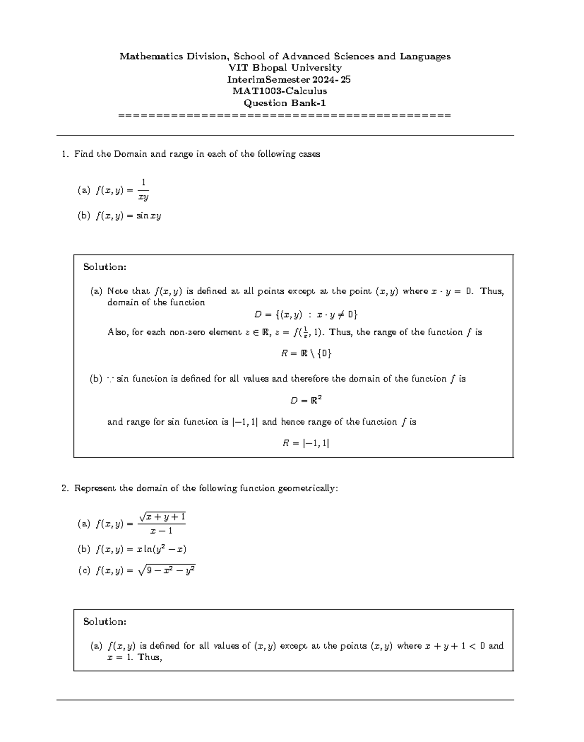 Question Bank-1 (MAT1003) for Mathematics Domain and Range Analysis ...