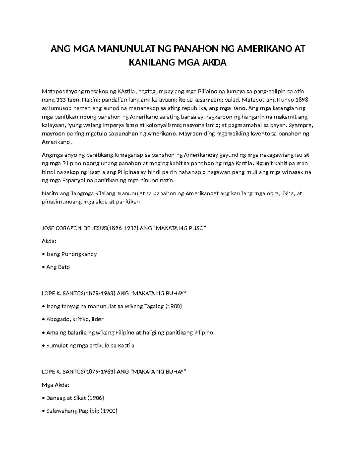 Mga Kilalang Manunulat at Akda sa Panahon ng Amerikano - Studocu