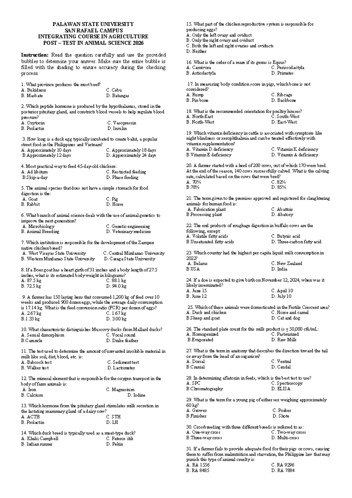 Animal Science - POST TEST (PSU-AGRI 2026) - Studocu