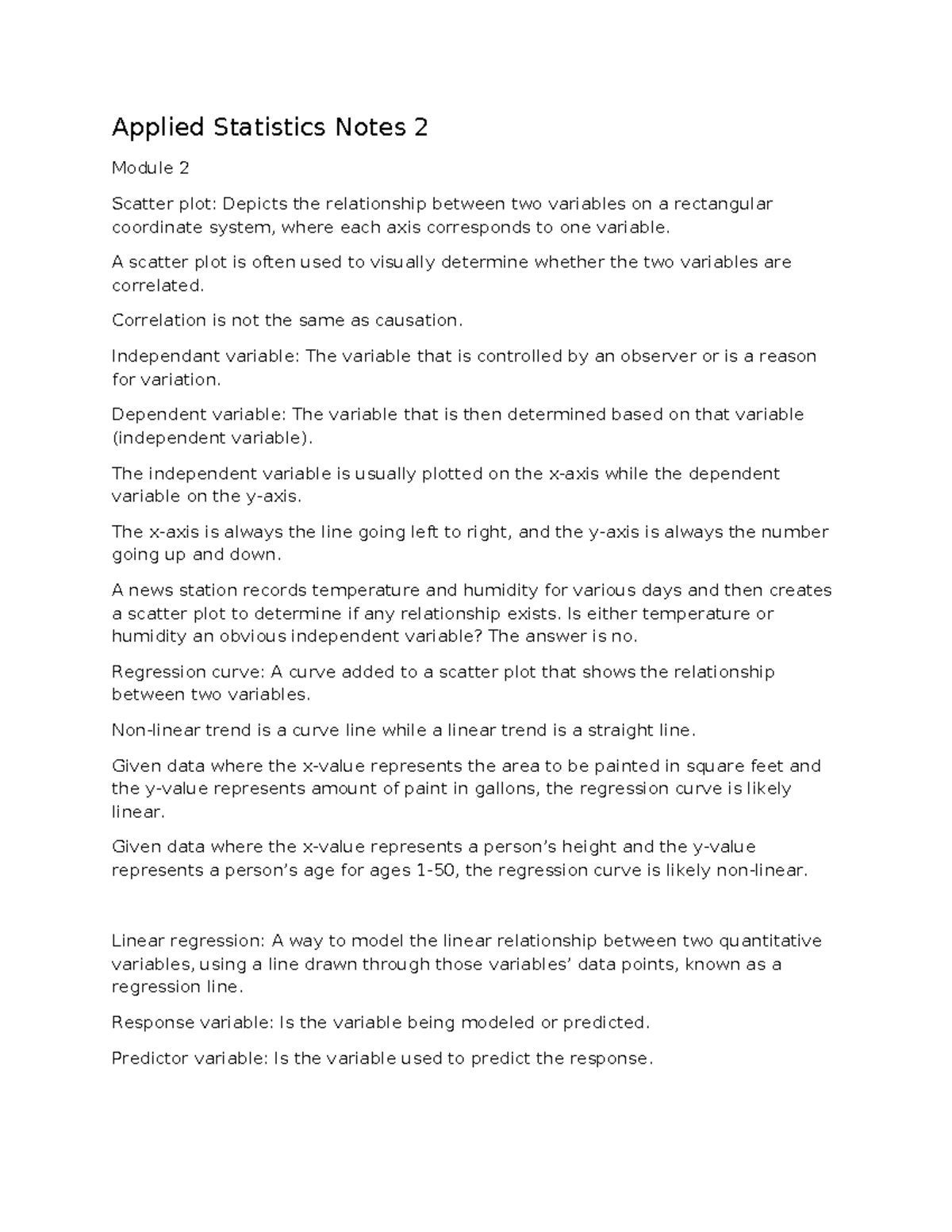 Applied Statistics Module 2: Scatter Plots & Linear Regression Notes ...
