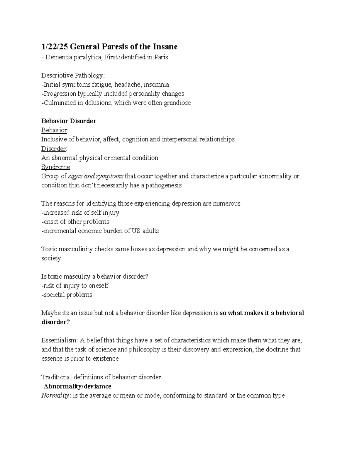 Behavior Disorders - Notes from his slides - 1/22/25 General Paresis of ...