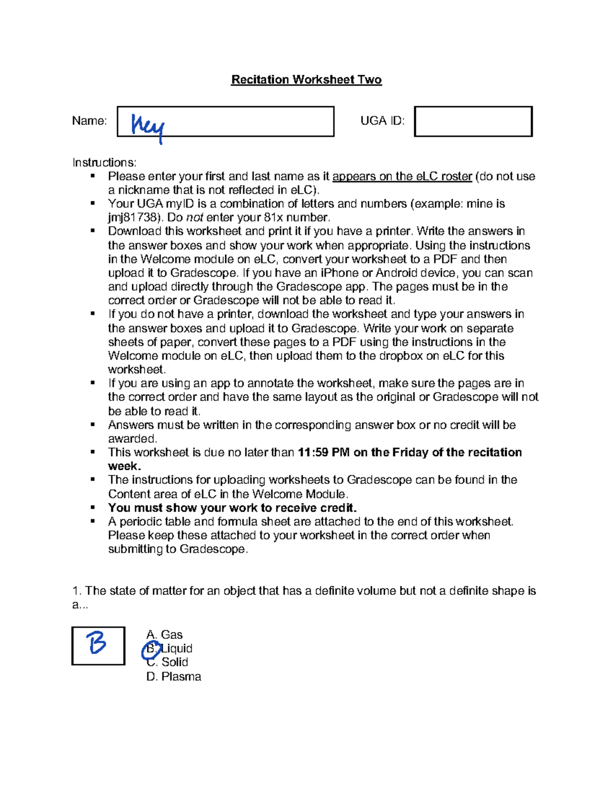 Recitation worksheet two for chemistry 1010: Instructions and questions ...
