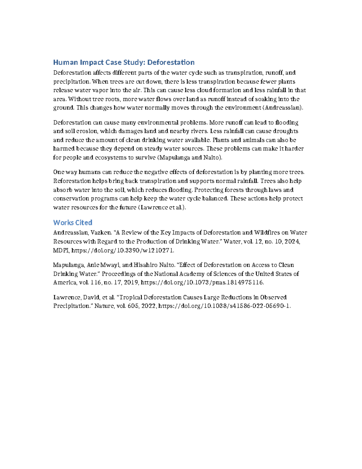 Human Impact Case Study: Effects of Deforestation on Water Cycle - Studocu