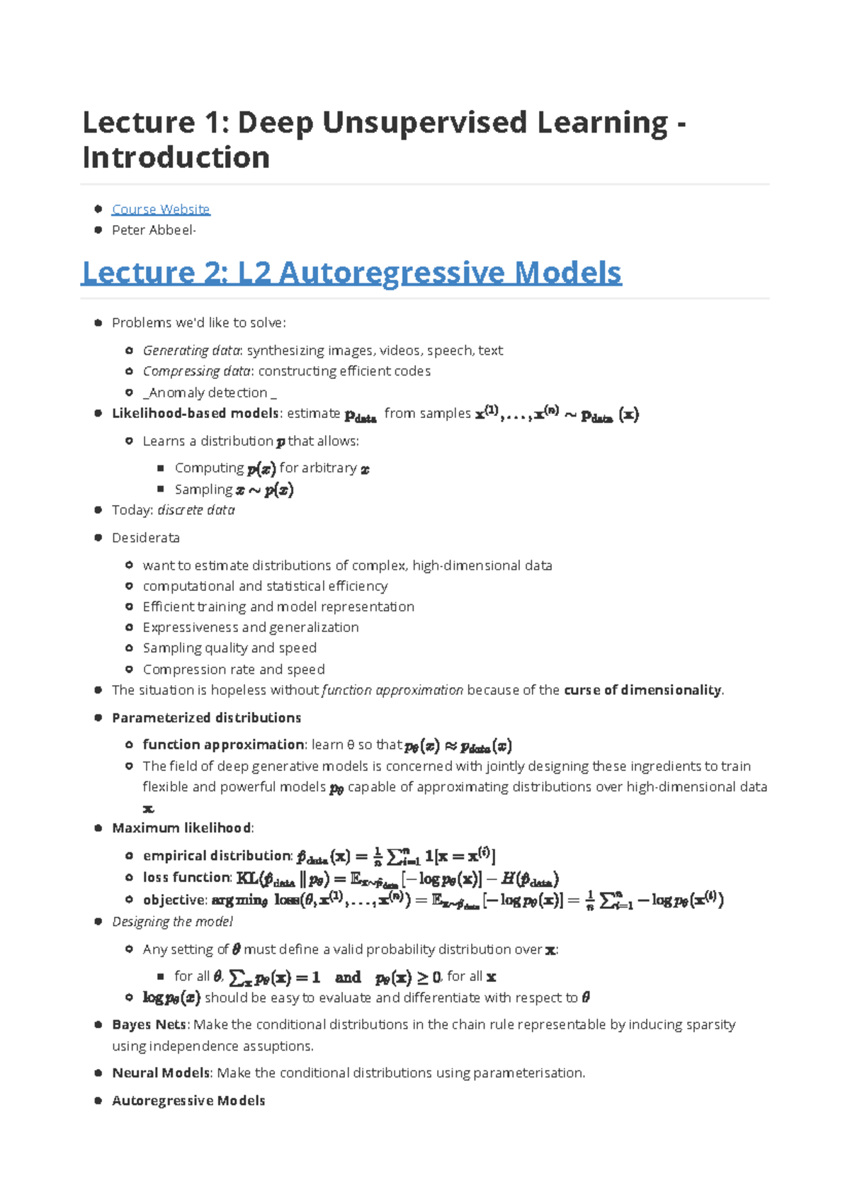 Lecture Notes: Deep Unsupervised Learning (Course Code: DL101) - Studocu