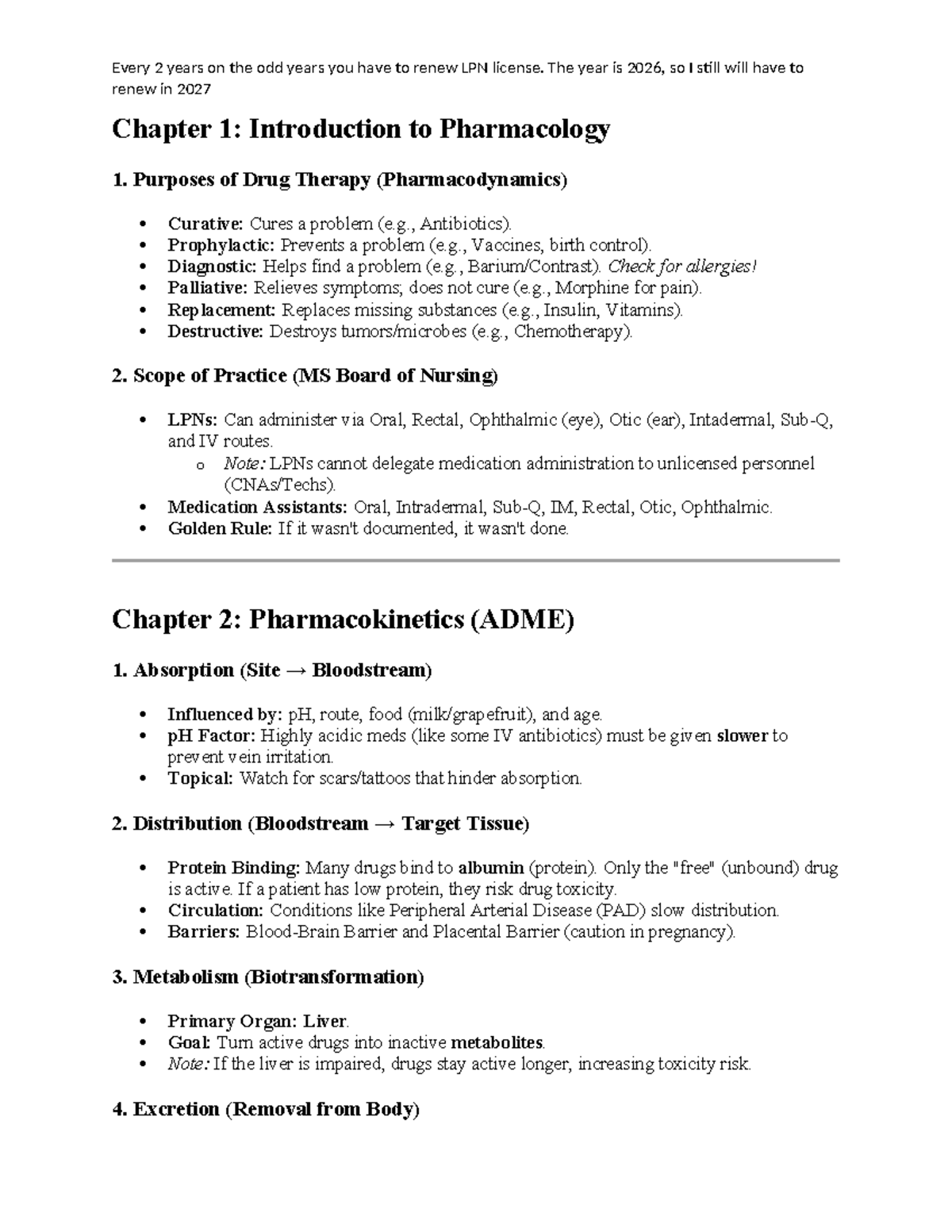 LPN 2026: Intro to Pharmacology Test 1 Study Guide - Studocu