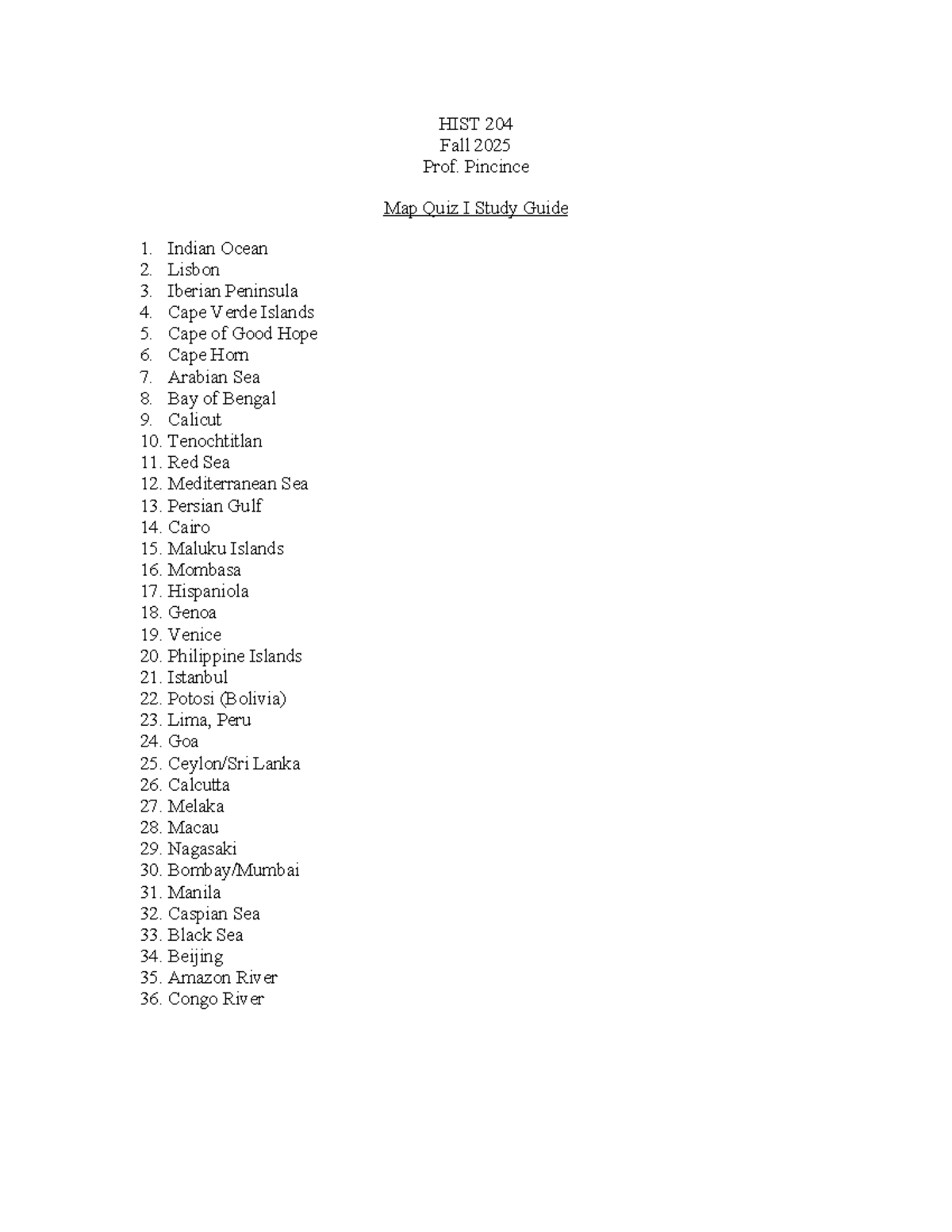 HIST 204 - Map Quiz I Study Guide for Fall 2025 - Studocu