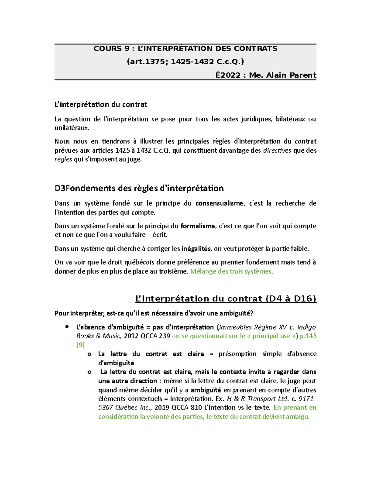 Cours 9 DRT 100 - L'Interprétation des Contrats avec Alain Parent - Studocu