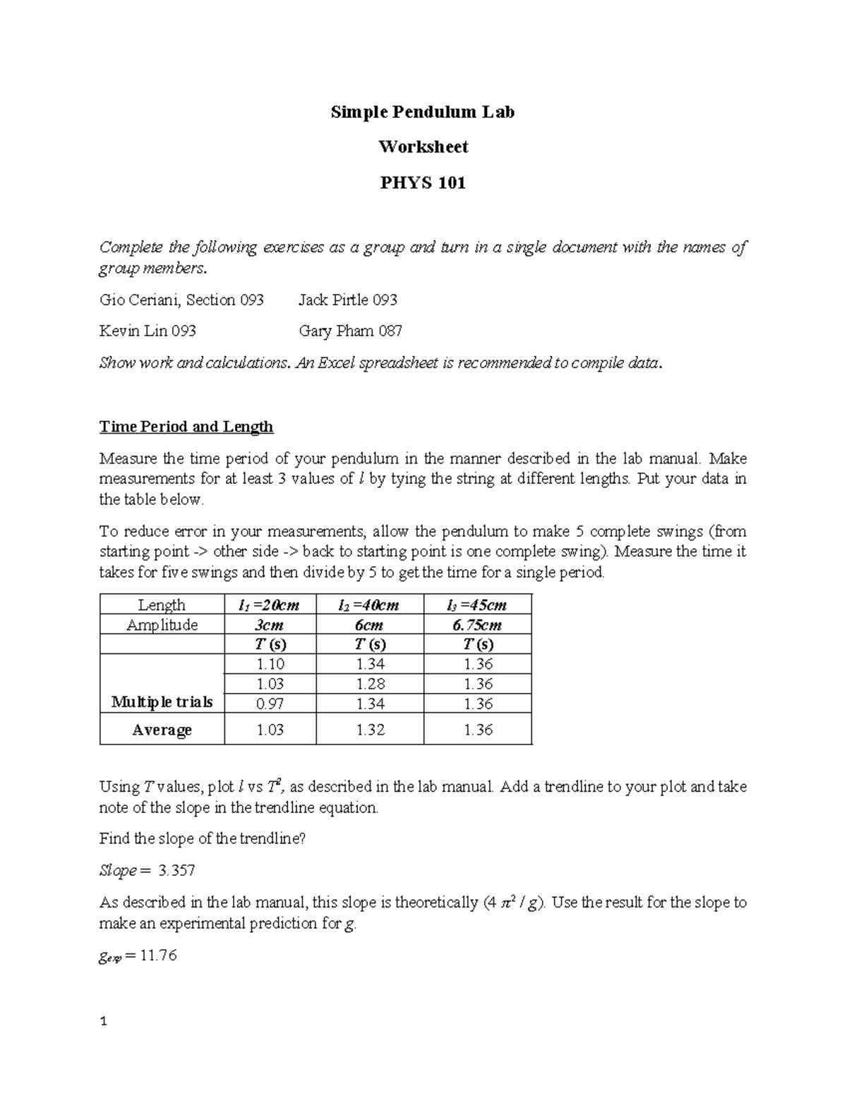PHYS 101 Lab 3 - Simple Pendulum Experiment Worksheet - Studocu
