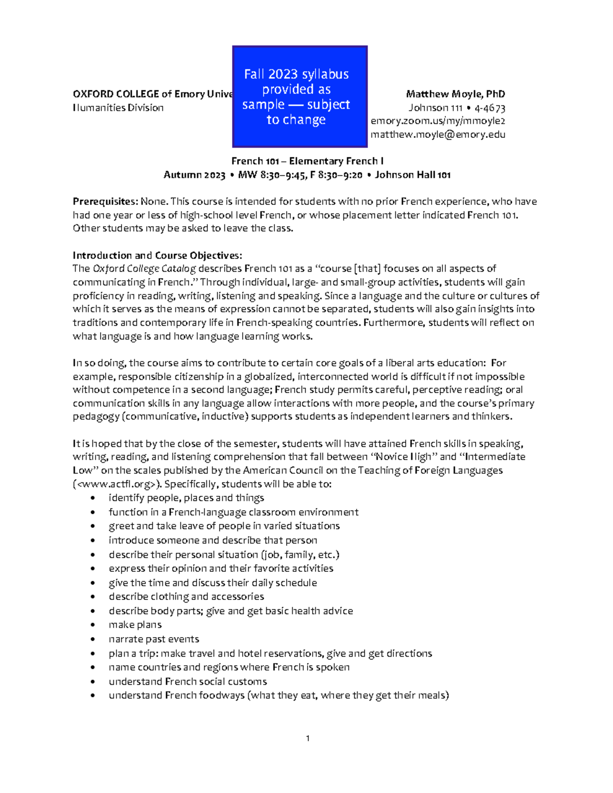 FREN 101 Syllabus - Elementary French I - Fall 2023 at OXFORD COLLEGE ...