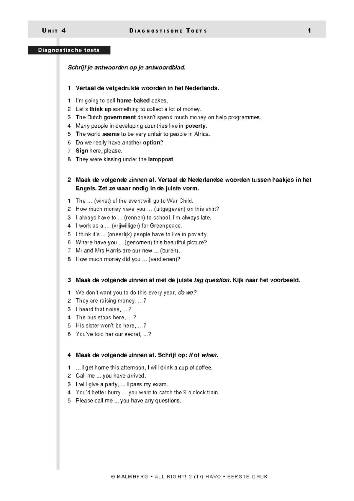UNIT 4 TOETS: DIAGNOSTISCHE TOETS EN ANTWOORDEN - Studeersnel