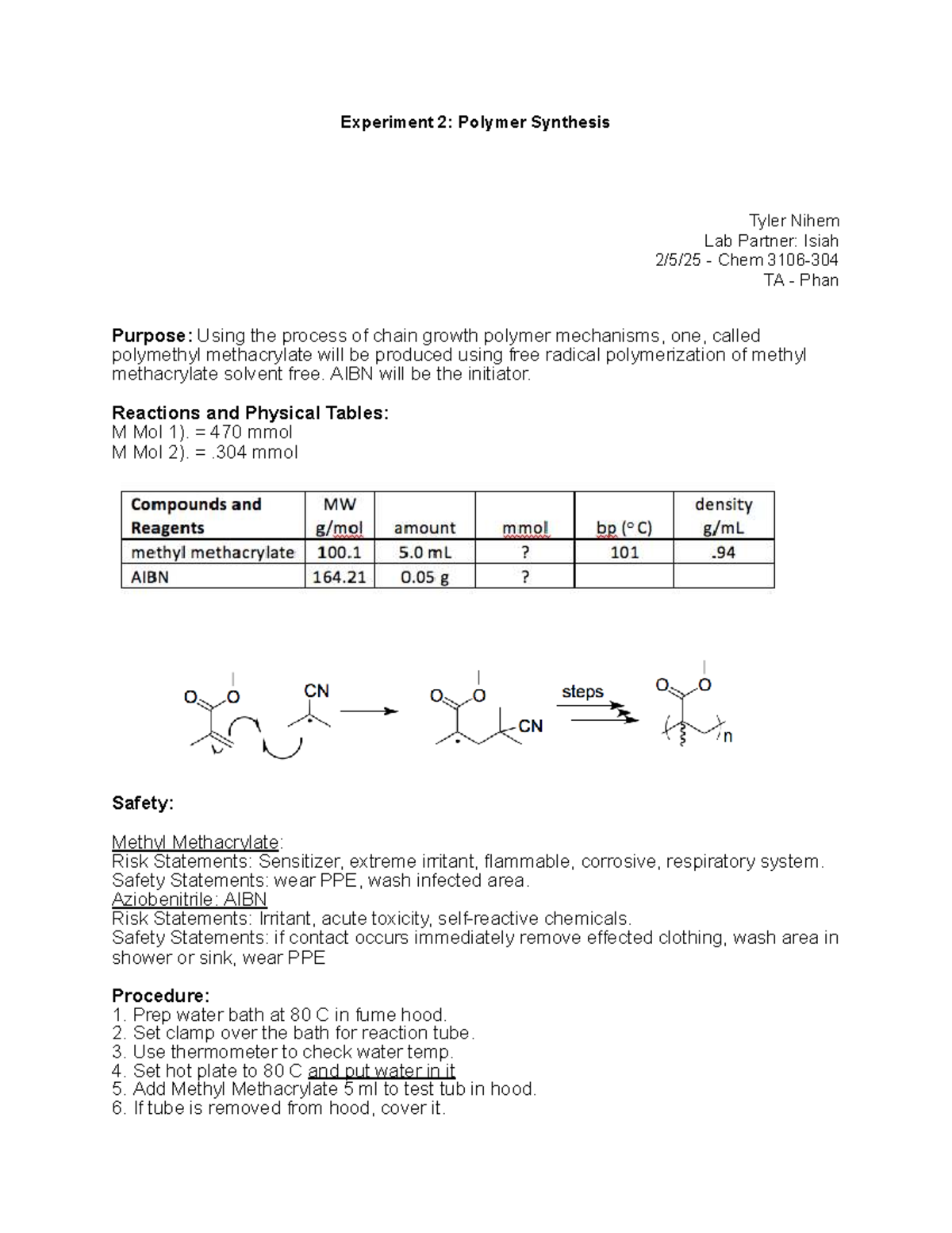 Experiment 2 Polymer Synthesis Lab Summary - Experiment 2: Polymer ...
