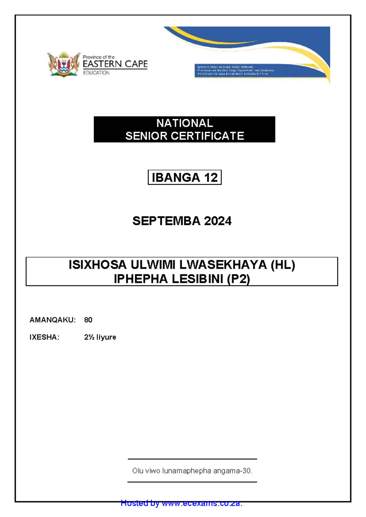 IsiXhosa HL P2 GR12 QP September 2024 - Exam Paper - Studocu