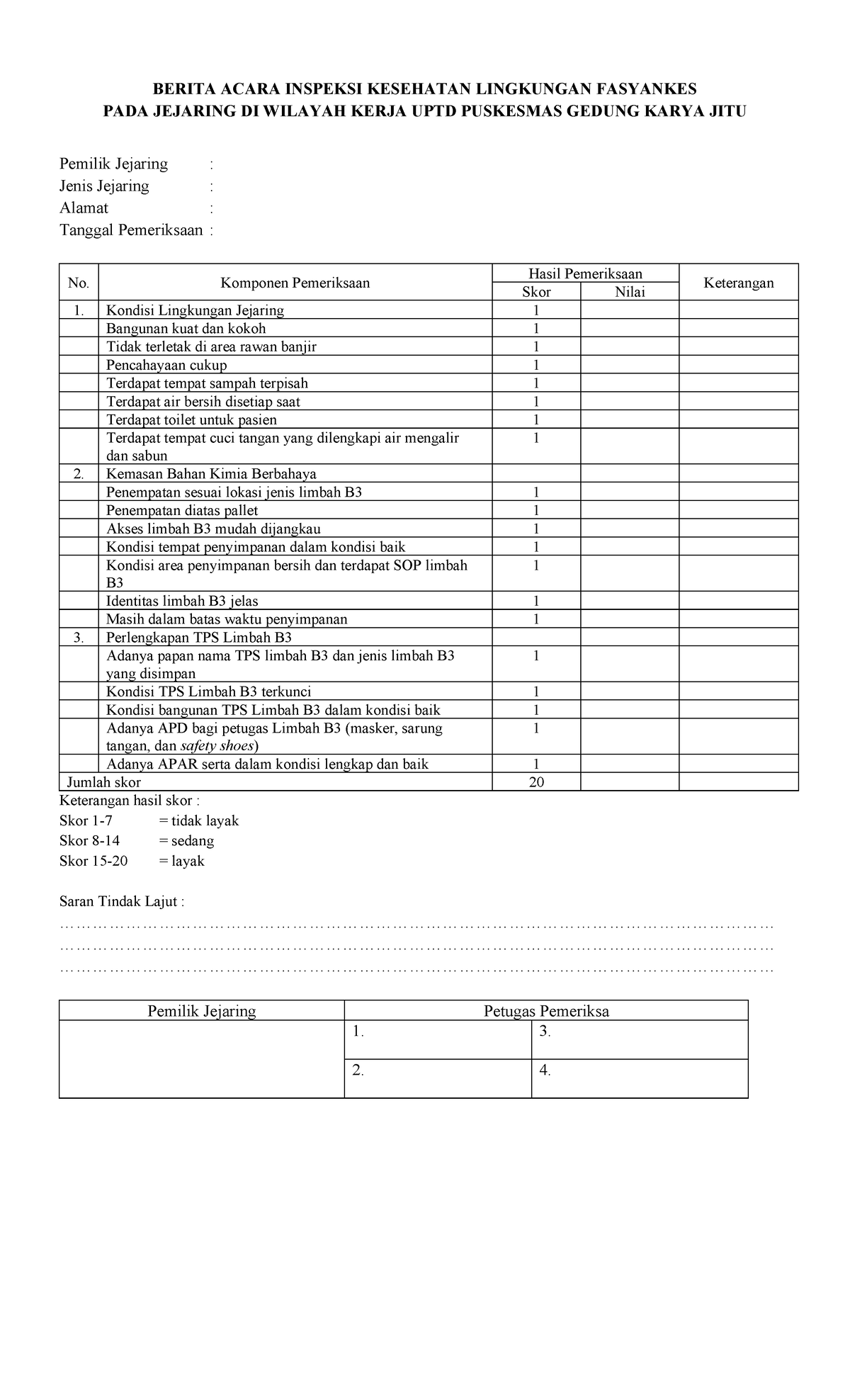 Form IKL Fasyankes: Berita Acara Inspeksi Kesehatan Lingkungan - Studocu