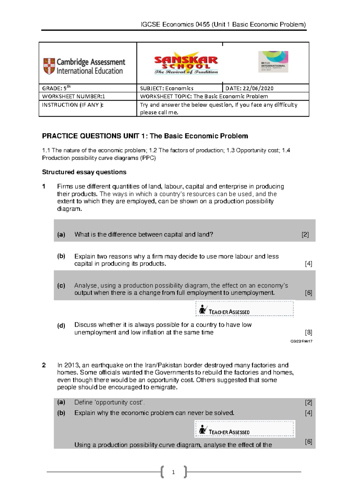 IGCSE Economics 0455: Unit 1 - The Basic Economic Problem Worksheet ...