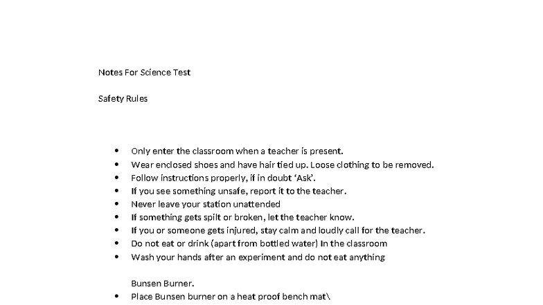 Science Test Notes: Safety Rules & Experiment Guidelines - Studocu